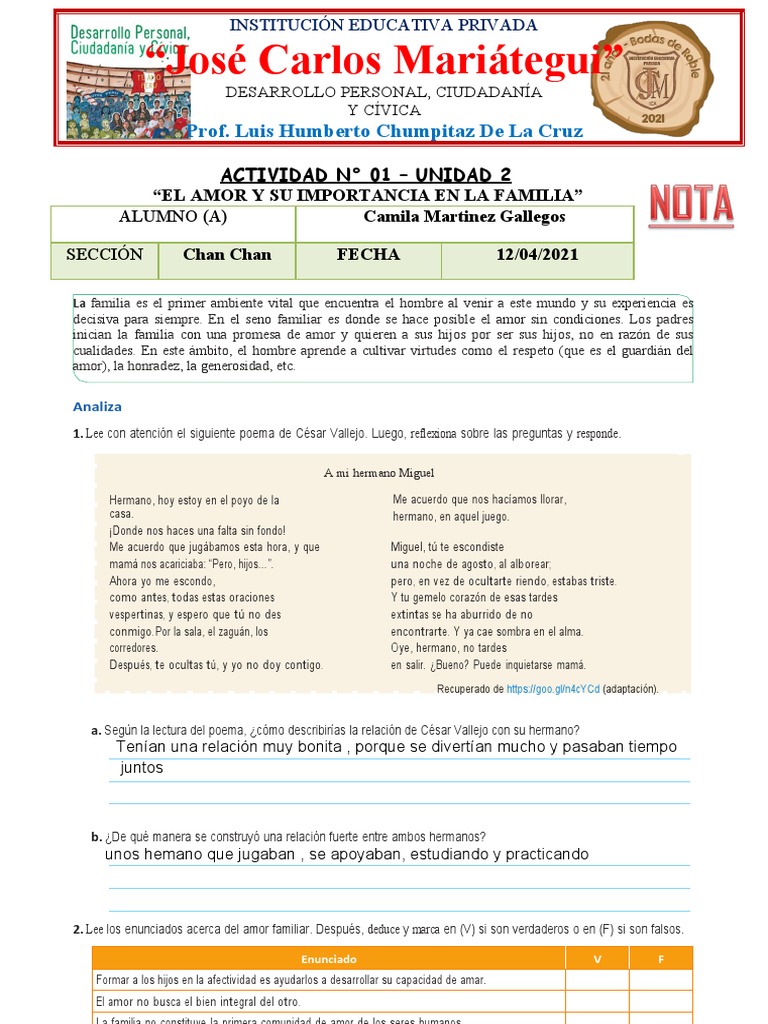 Ficha de Trabajo - DPCC - Unidad 2 - Tema 1 Ediatr | PDF | Amor