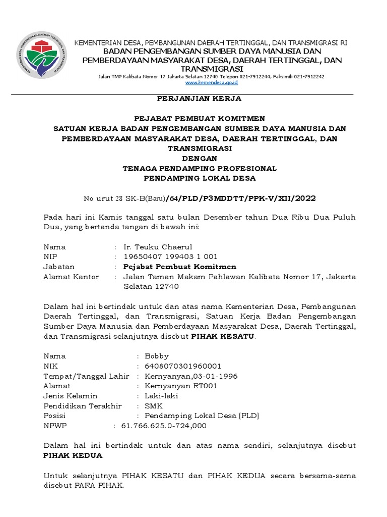 01 - Surat Perjanjian Kerja PLD 2022 Rekrutmen Baru 2022 | PDF