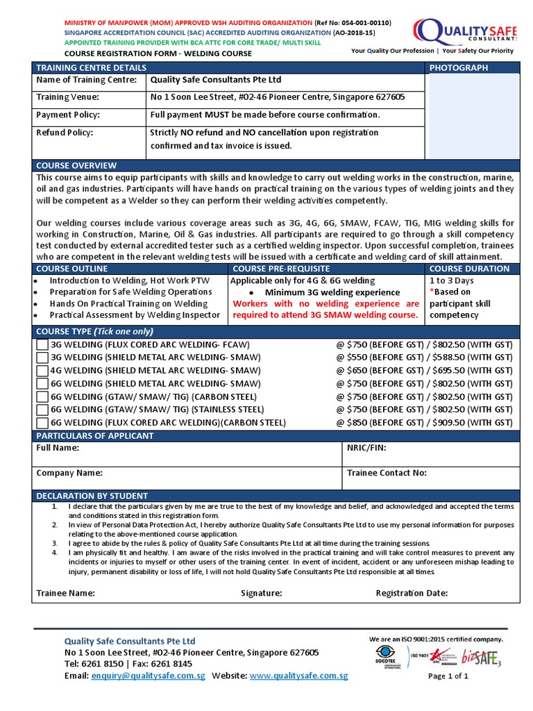 Course Registration Form Welding 2022 | PDF | Welding | Construction