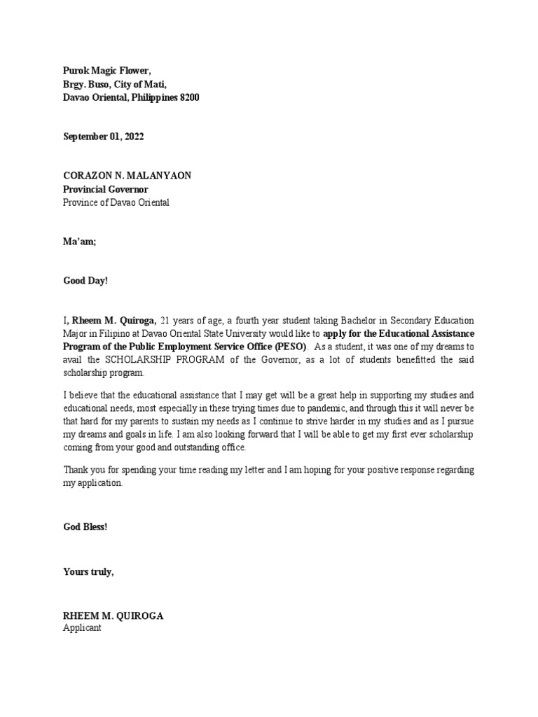 PESO Scholarship Application Letter | PDF | Wellness