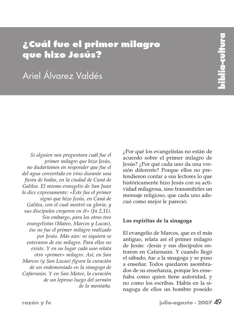 Ariel Álvarez Valdés (2007) - ¿Cuál Fue El Primer Milagro Que Hizo Jesús - Razón y Fe 256.1305 ...
