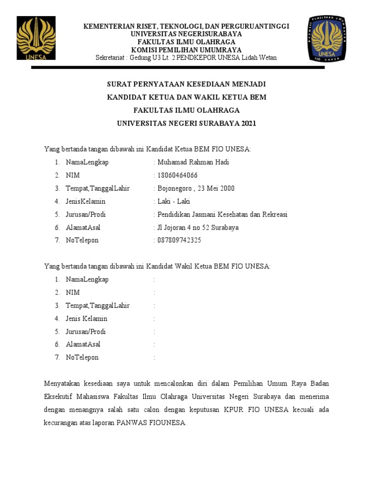 Form Surat Pernyataan Kesediaan Bem Fio Unesa | PDF