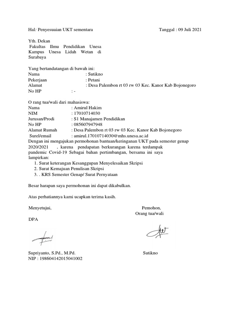 Form Surat Penurunan UKT 2021-Amirul Hakim Fixx | PDF