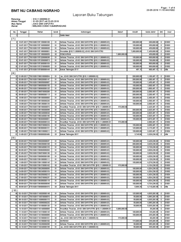 BMT Nu Cabang Ngraho: Laporan Buku Tabungan | PDF