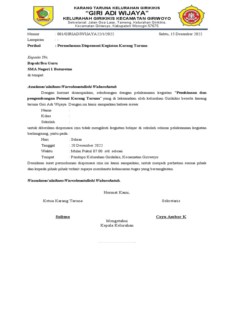 Surat Izin Dispensasi Karang Taruna | PDF