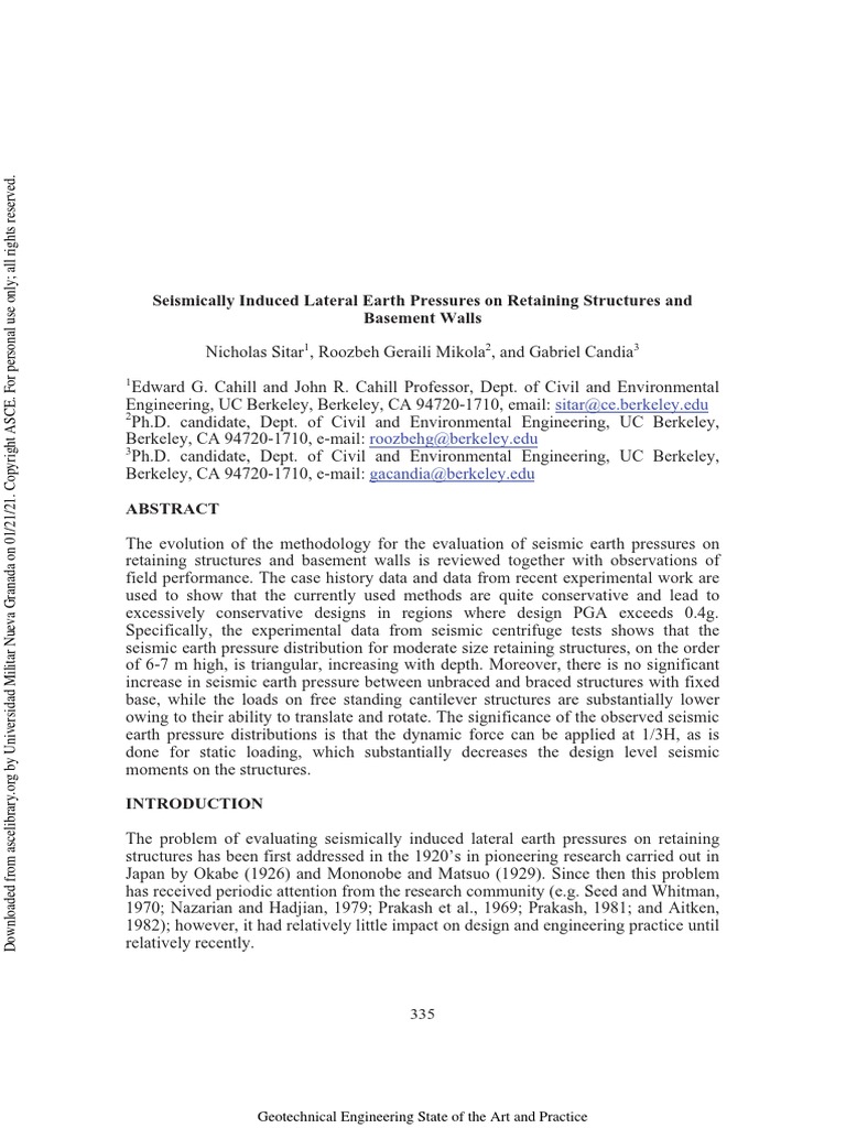 Seismically Induced Lateral Earth Pressures On Retaining Structures and ...