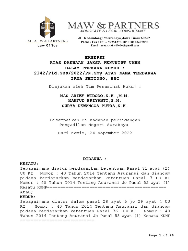 Eksepsi Atau Keberatan Pidana 2342 Mas Dan Partners | PDF | Politik | Hukum