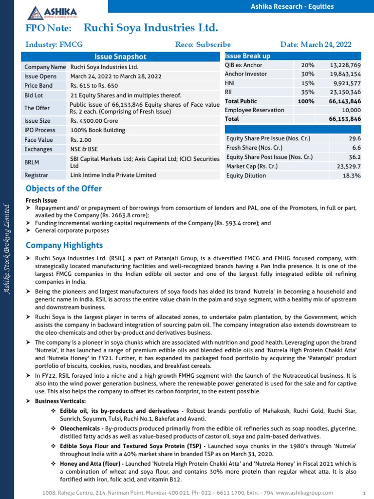 Ruchi Soya FPO Note Ashika Research | PDF | Financial Analyst ...