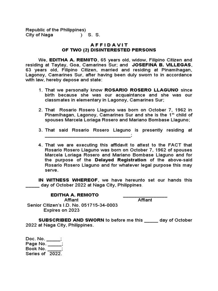 Affidavit of (2) Disinterested Person | Download Free PDF | Affidavit | Judiciaries