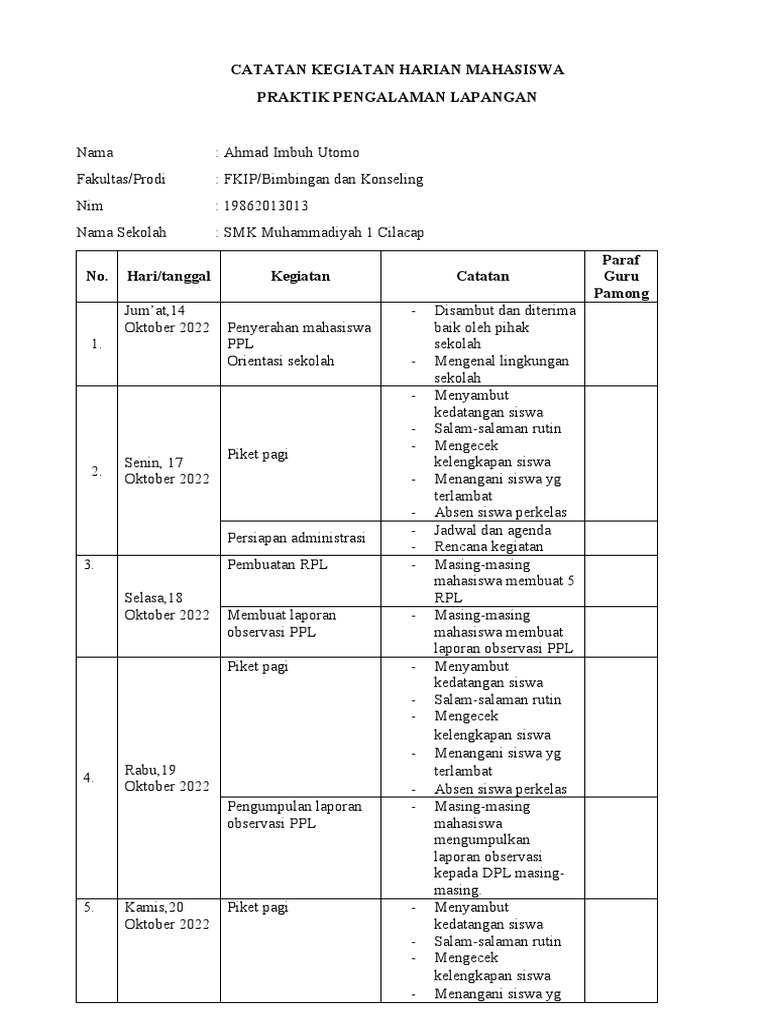 Catatan PPL Ahmad Imbuh 2022 | PDF