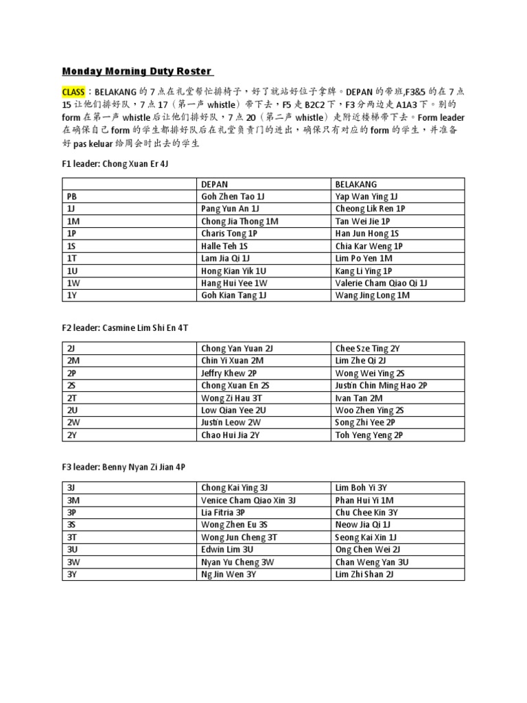 Prefect Monday Morning Duty Roster | PDF | China | World Politics