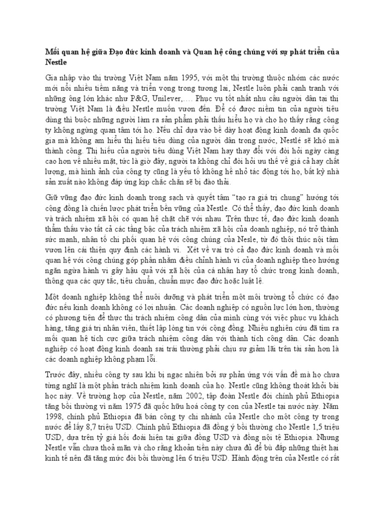 Mối quan hệ giữa Đạo đức kinh doanh và Quan hệ công chúng với sự phát triển của Nestle | PDF