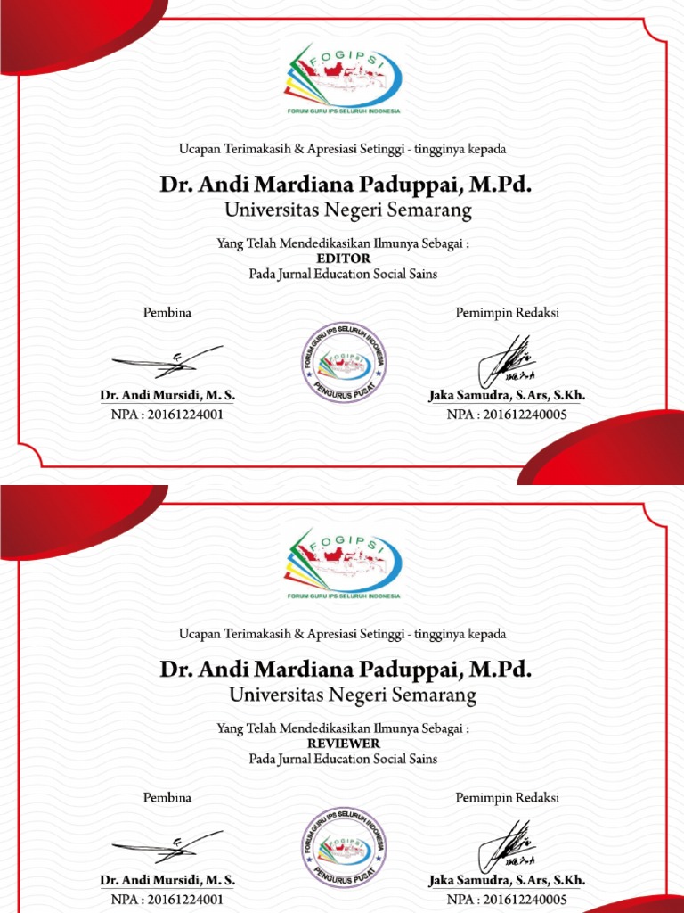 Sertifikat Reviwer Dan Editor Dr. Andi Mardiana P | PDF
