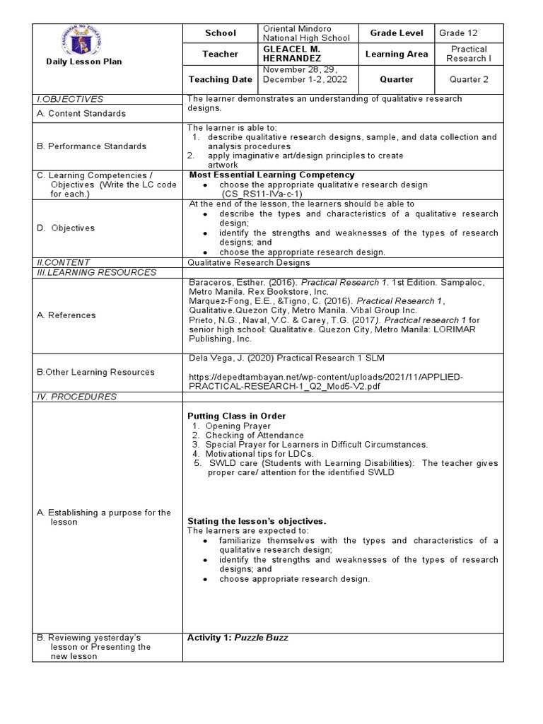 Annotated DLP Practical Research Cot March 2022 | PDF | Qualitative Research | Experience