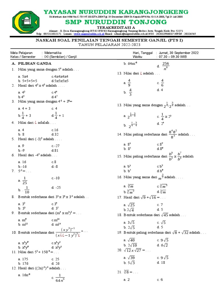 Soal Pts Matematika Kelas 9 | PDF