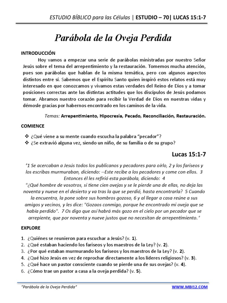 Estudio 70 La Oveja Perdida Lucas 15 1 - 7 | PDF | Pecado | Parábolas de Jesús