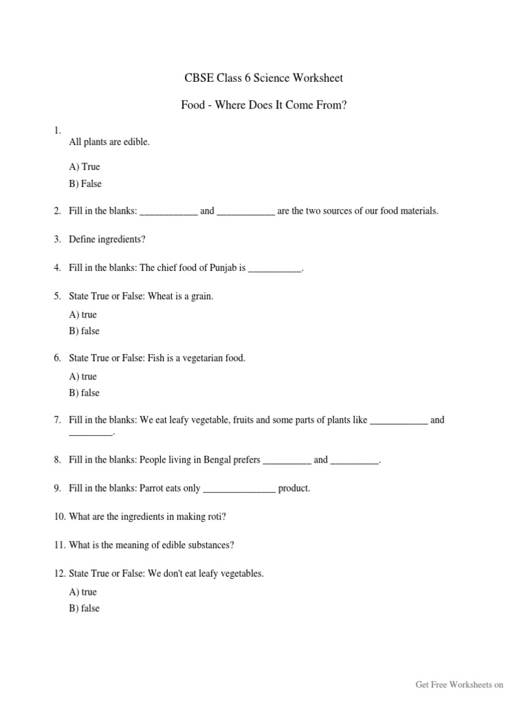 Class 6 Food Sources Worksheet | PDF | Foods | Vegetables