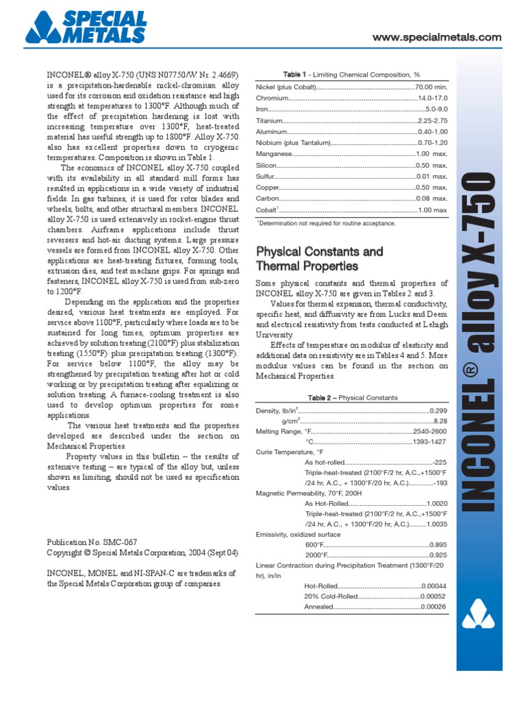 Inconel Alloy X-750 | PDF | Strength Of Materials | Heat Treating