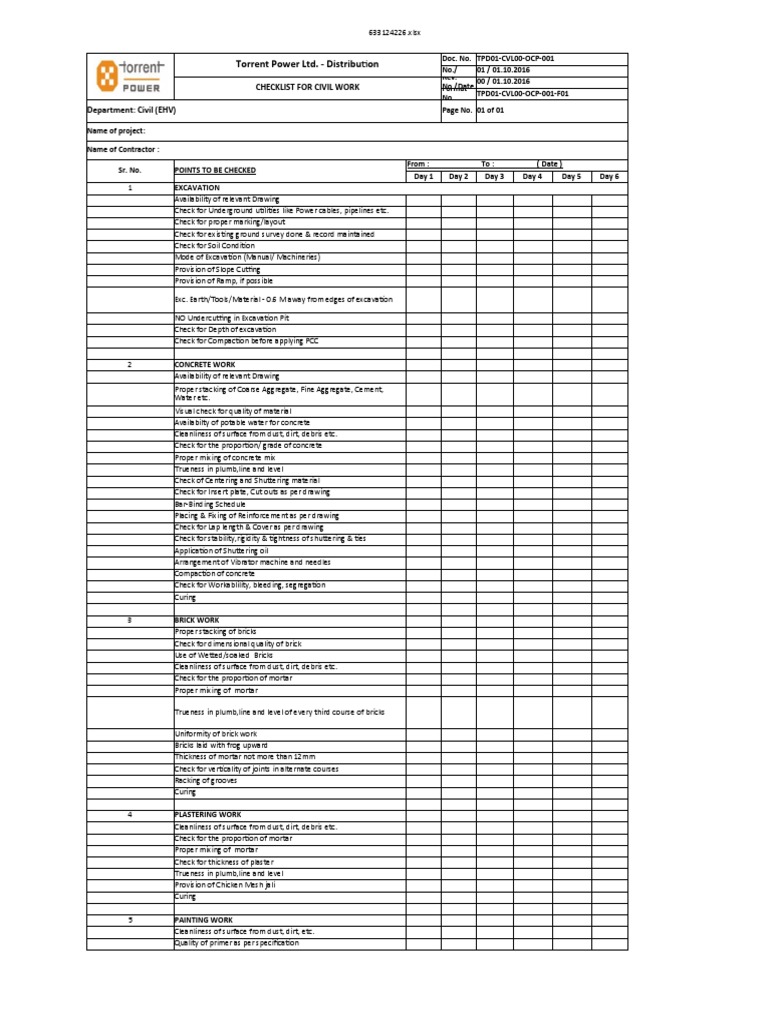 TPD01 CVL00 OCP 001 F01 Civil Work Checklist | PDF | Concrete | Brick