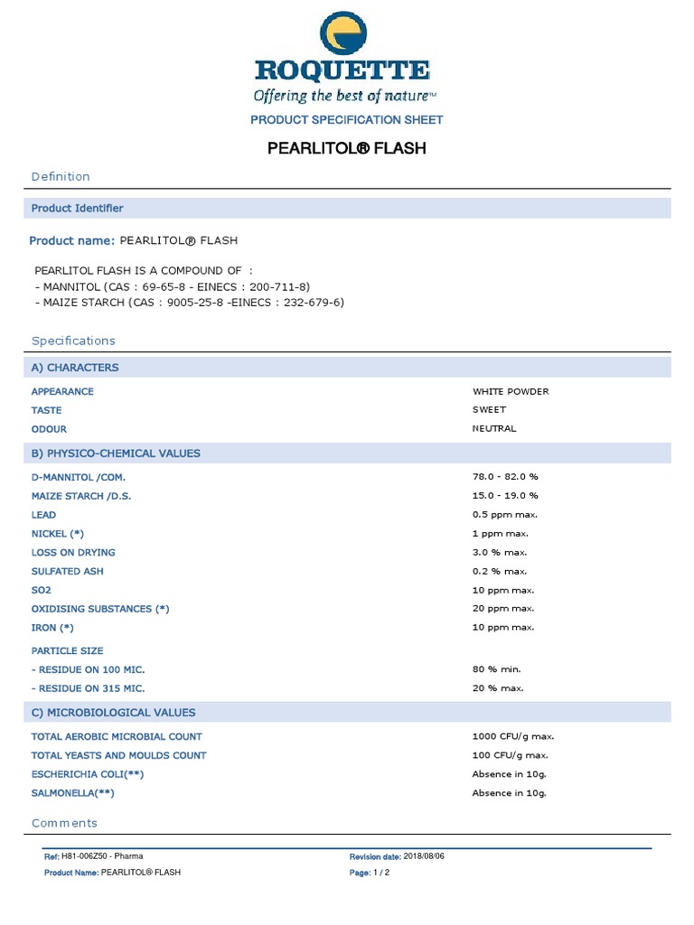 Roquette Quality Specification Sheet PEARLITOL FLASH 50 401006 en | PDF ...