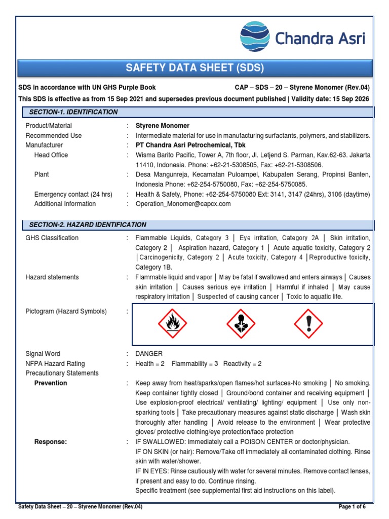 SDS GHS 20 Styrene Monomer (Rev.04) | PDF | Toxicity | Firefighting