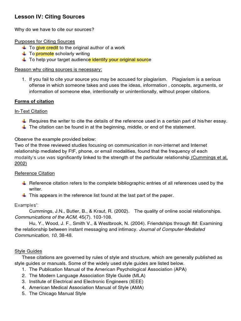Lesson 4 - Citing Sources | PDF | Apa Style | Citation