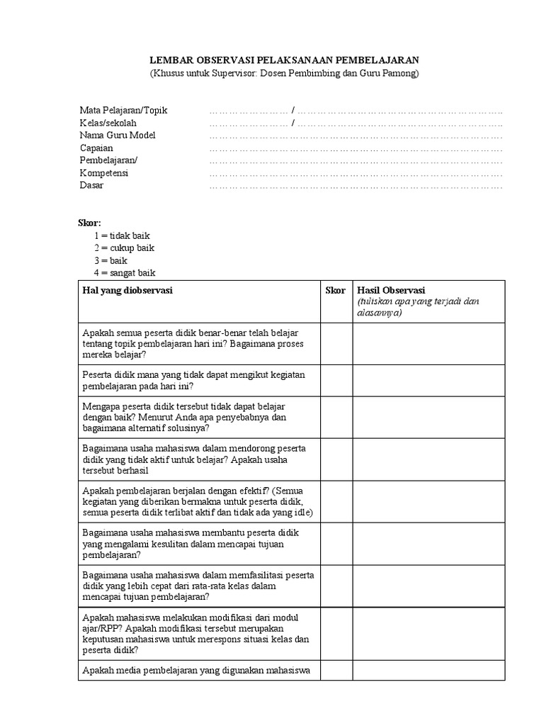 Lampiran 7 - Format Lembar Observasi Pelaksanaan Pembelajaran Untuk Supervisor | PDF