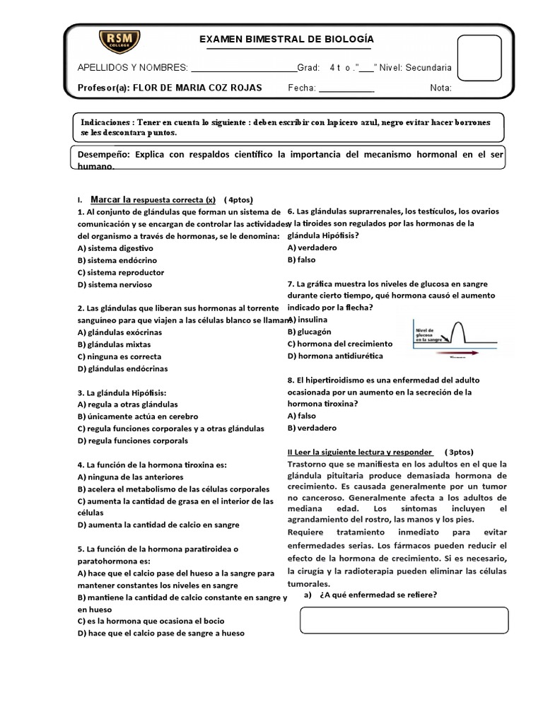 Examen Bimestral de Biología 3bte 4to Sec | PDF | Hormona | Sistema endocrino