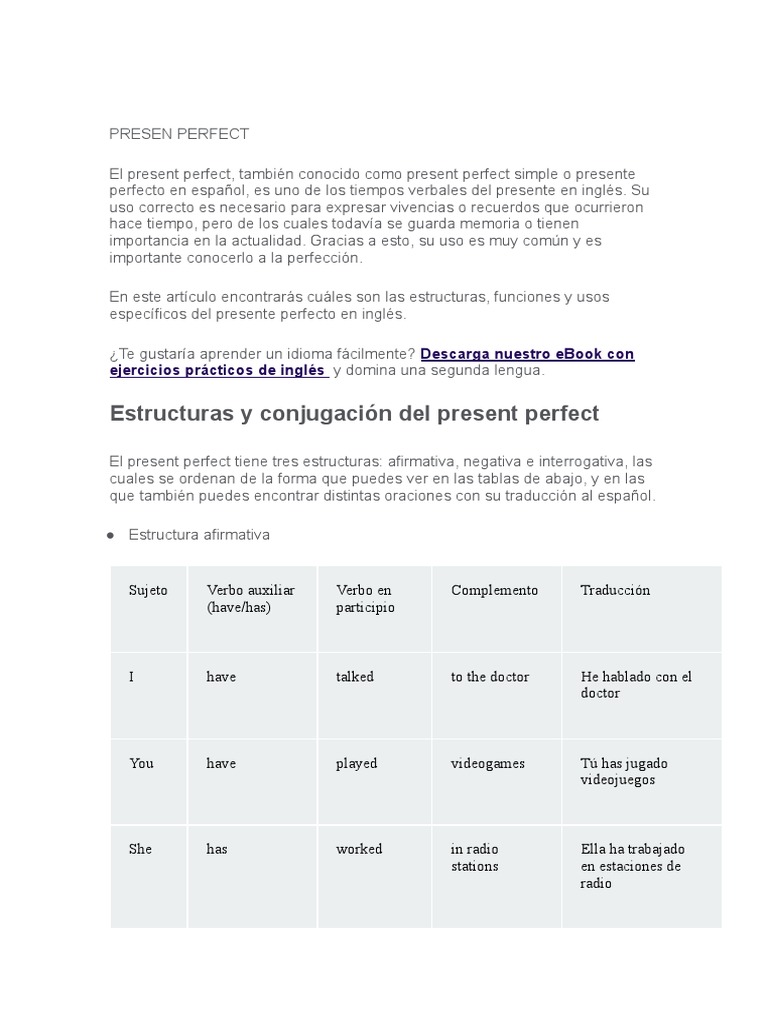 Presen Perfect Resumen | PDF | Verbo | Morfología Lingüística