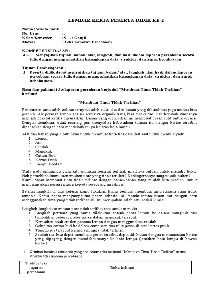 Lkpd Teks Lap Percobaan Kls 9 Ke 2 Pdf