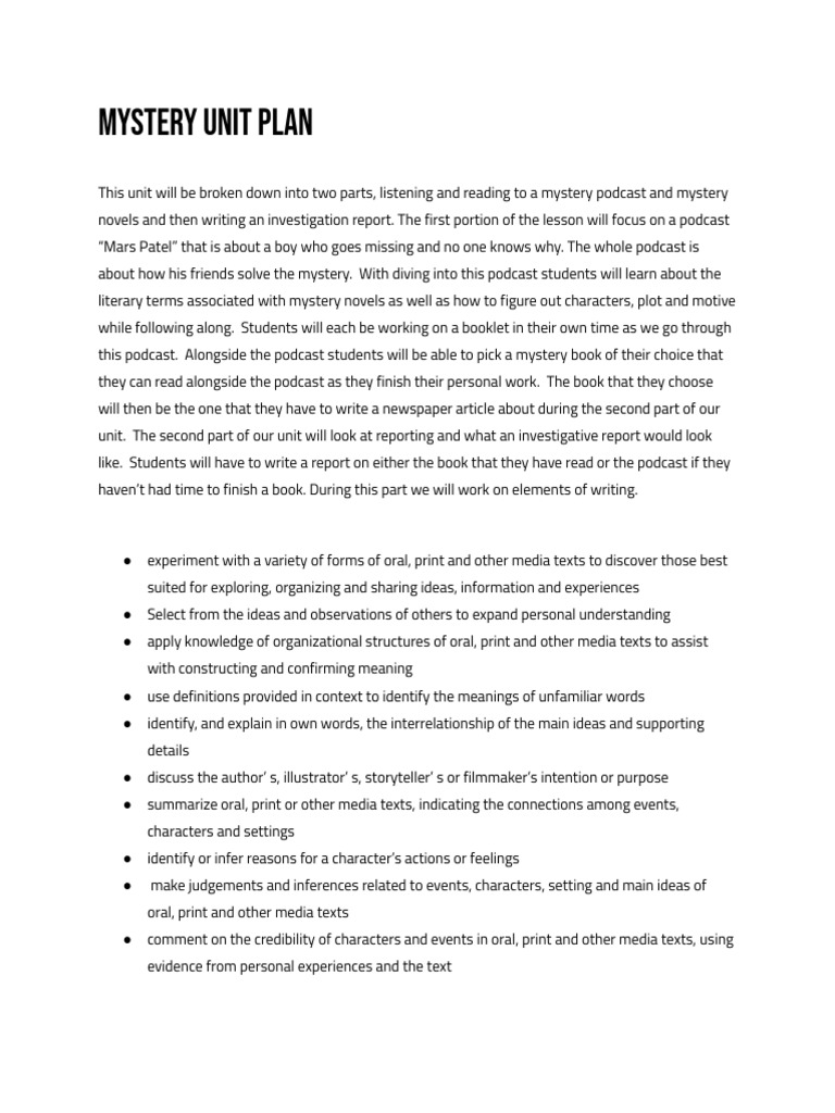 Mystery Unit Plan | PDF | Experience | Books