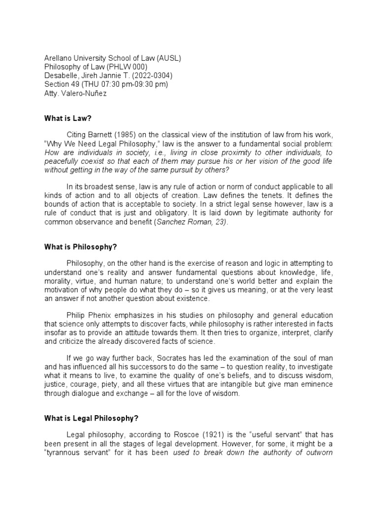 Desabelle, Jireh Jannie T. - Philo Law Assignment 1 | PDF | Jurisprudence | Justice