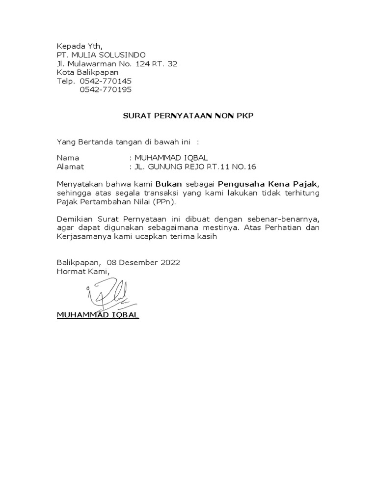 Surat Pernyataan Non PKP | PDF