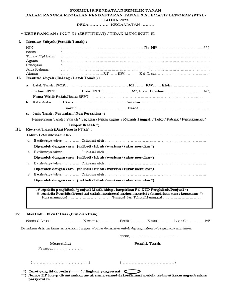 Formulir Pendataan PTSL 2022 | PDF | Olahraga & Rekreasi