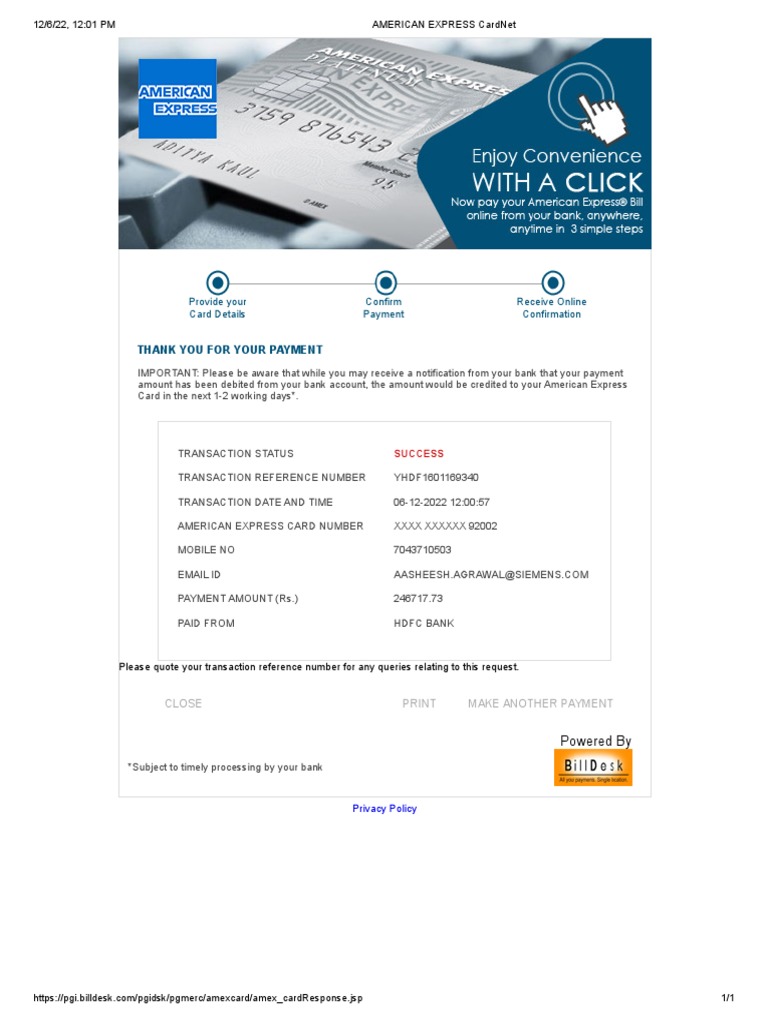 Amex Payment Confirmation | PDF