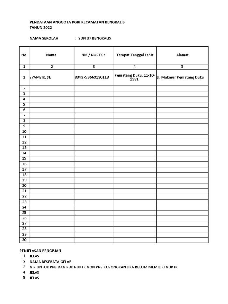 Format Pendataan Ulang Anggota Pgri Kec Bks | PDF