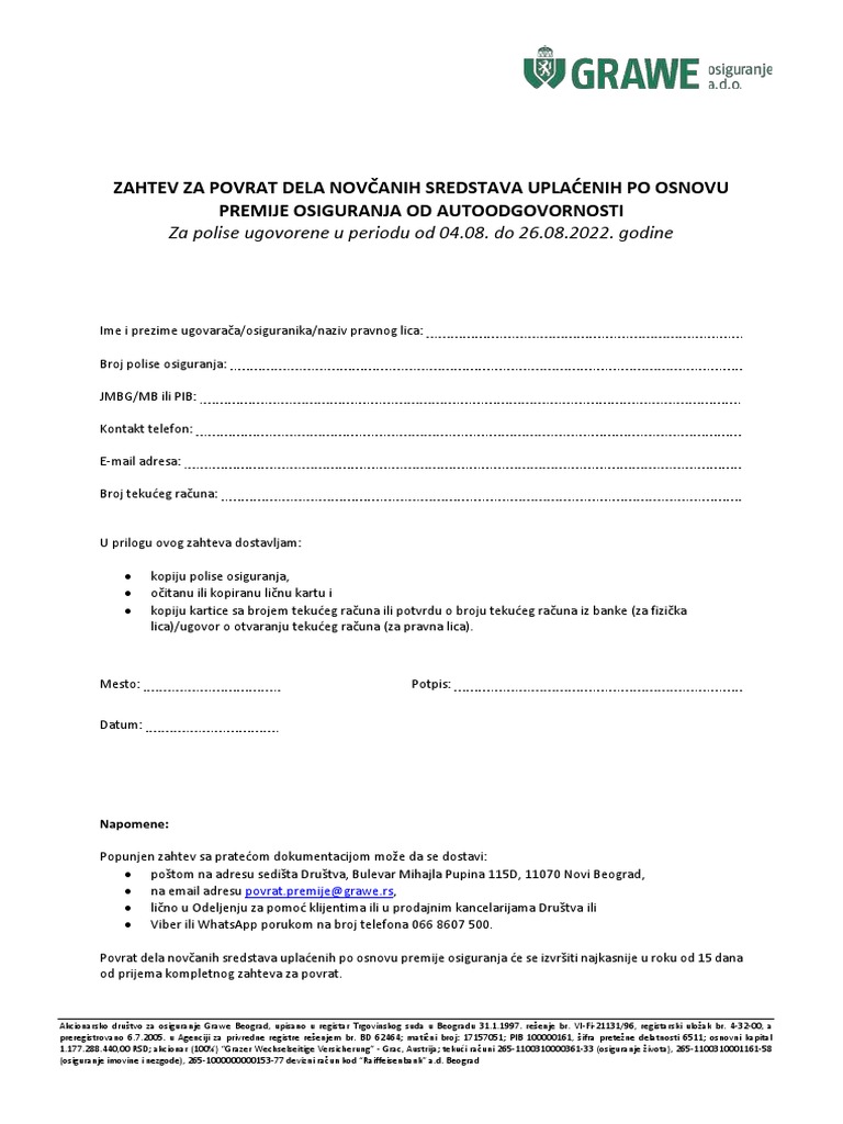 Zahtev Za Povrat Dela Novcanih Sredstava | PDF
