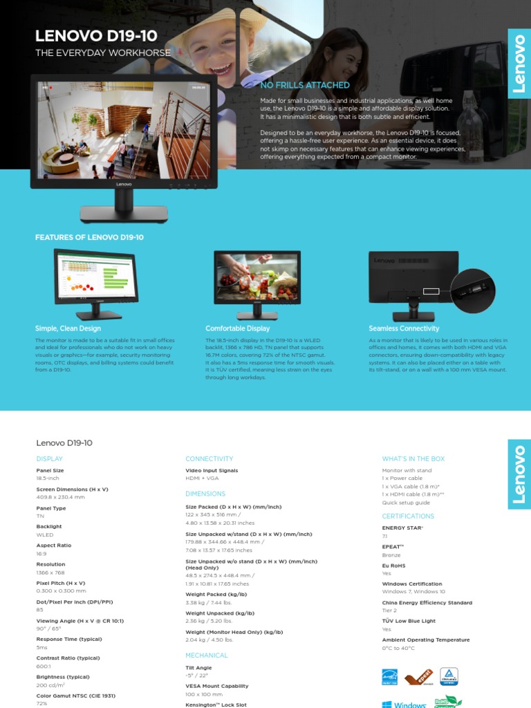 Lenovo d19-10 Datasheets en | PDF | Usb | Computer Monitor
