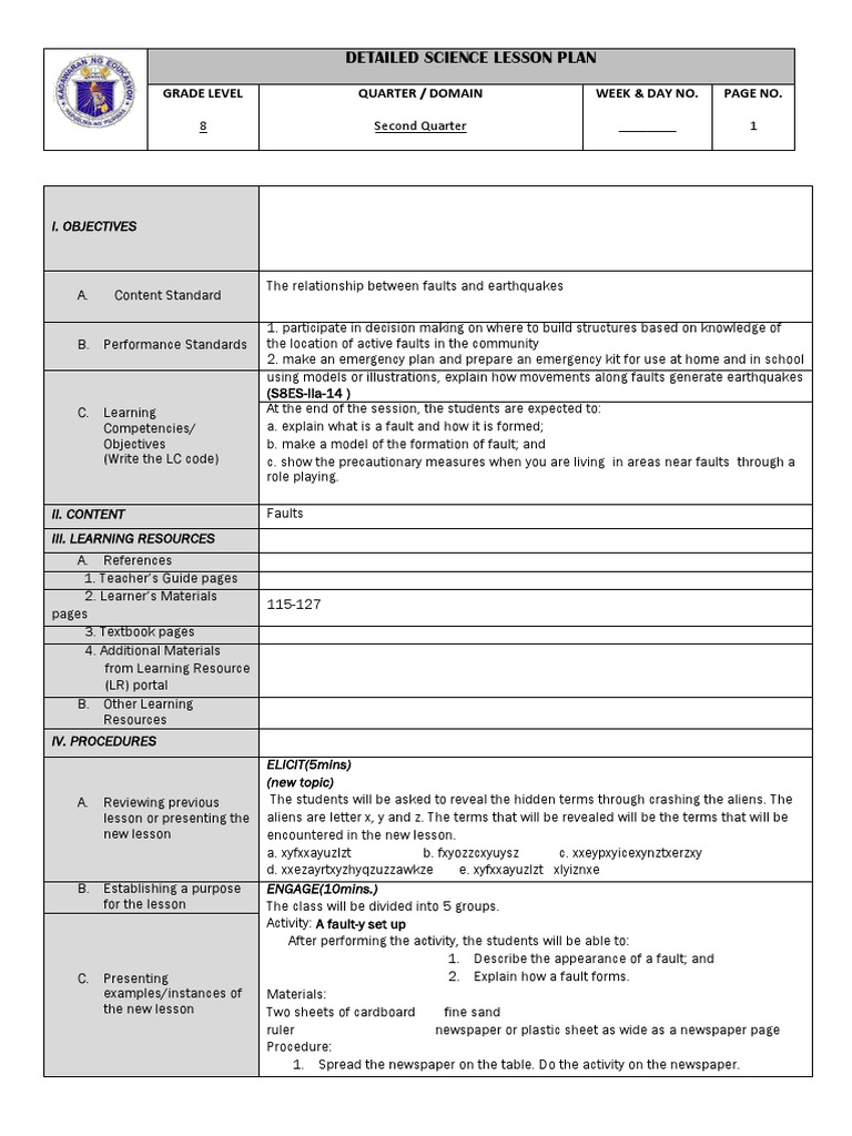 Grade 8 Earthquake and Faults Lesson Plan | PDF | Lesson Plan | Cognition