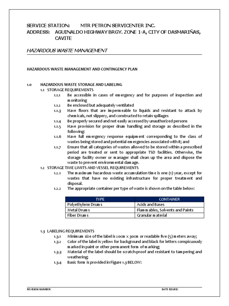 Hazardous Waste Management & Contingency Plan | PDF | Waste Management ...