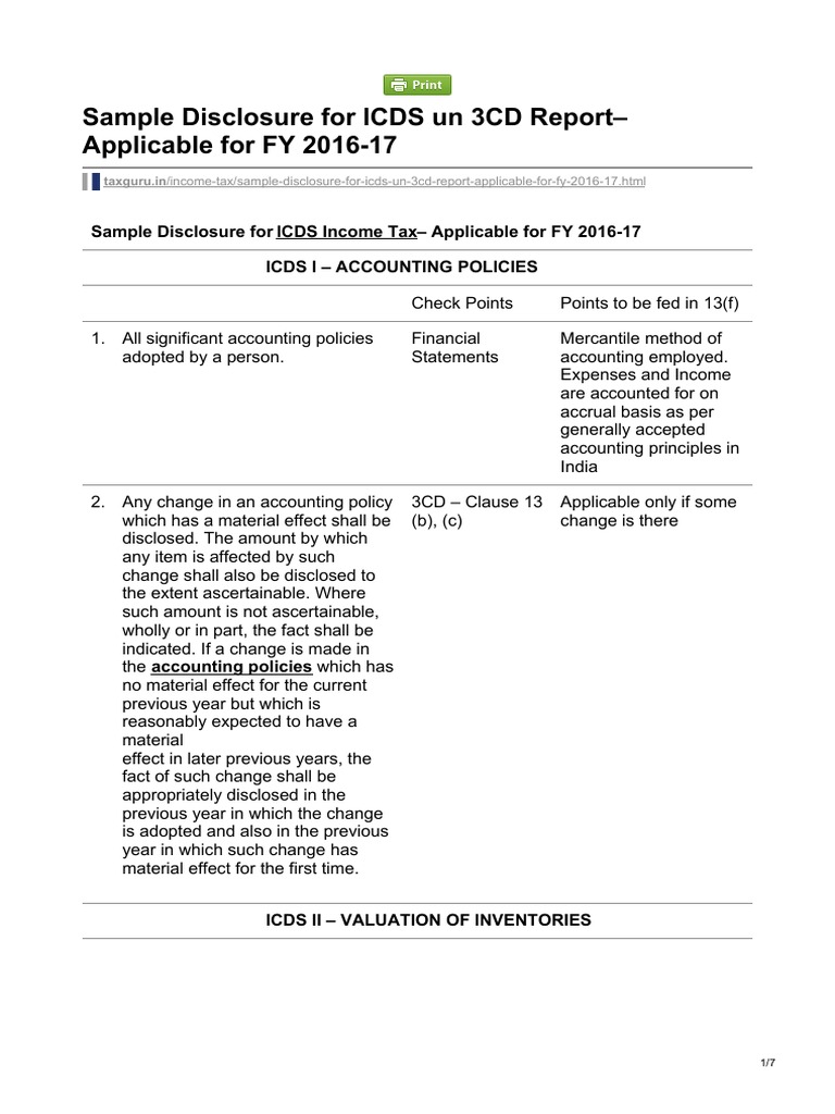 Disclosure For ICDS Un 3CD Report Applicable For FY 2016-17 | PDF | Tax ...