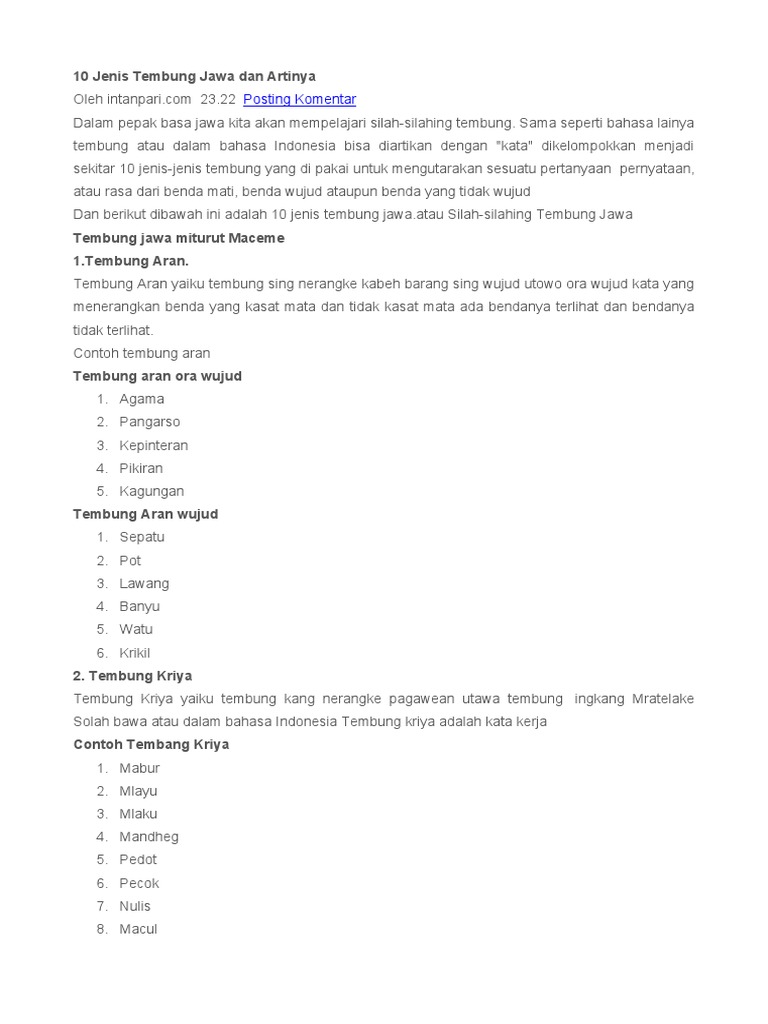 10 Jenis Tembung Jawa Dan Artinya | PDF