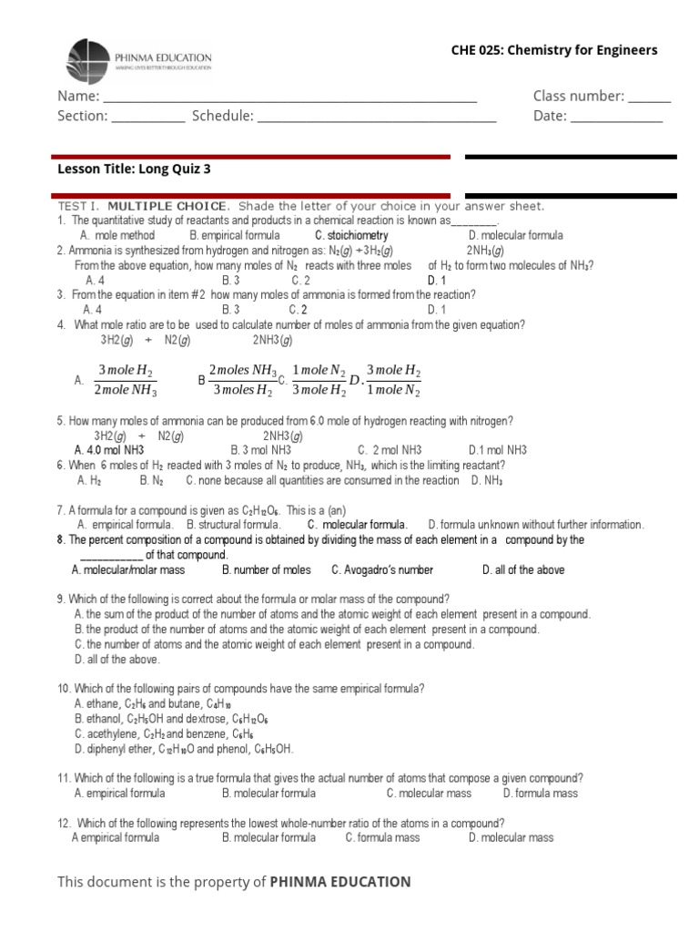 CHE 025 Long Quiz | PDF | Mole (Unit) | Ammonia