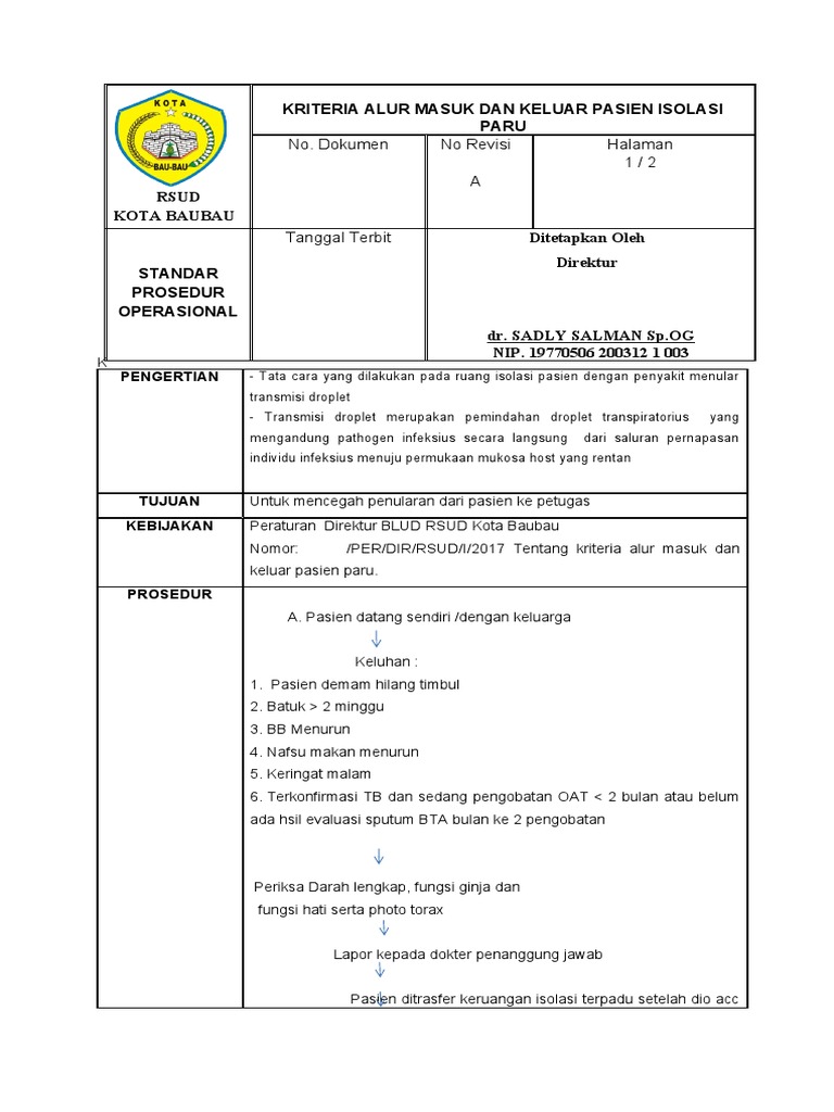 Sop Pasien Masuk Dan Keluar Isolasi Paru | PDF