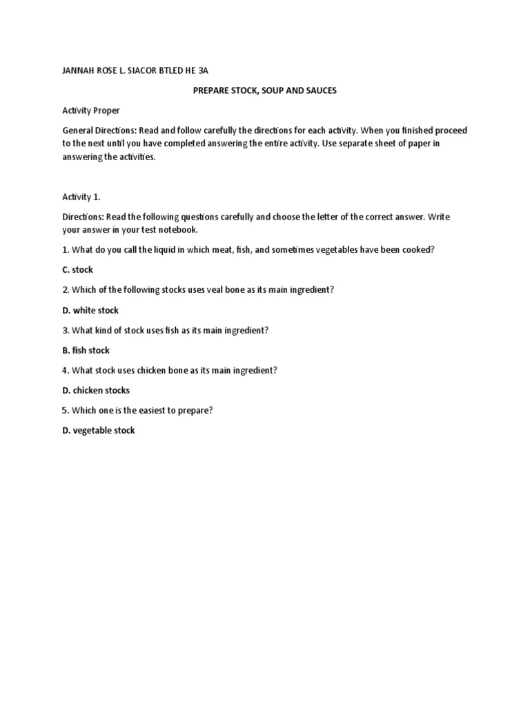 Prepare Stocks and Sauces LEARNING ACTIVITY SHEET | PDF