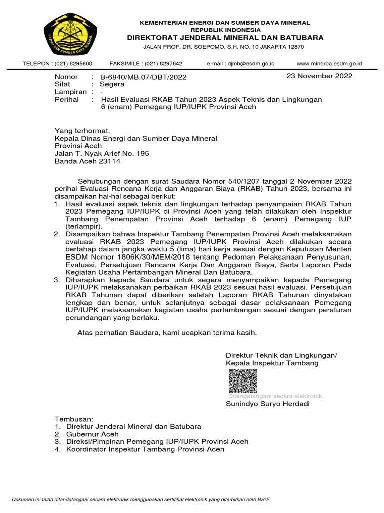 Surat KAIT - Hasil Evaluasi RKAB 2023 (6 IUP) | PDF