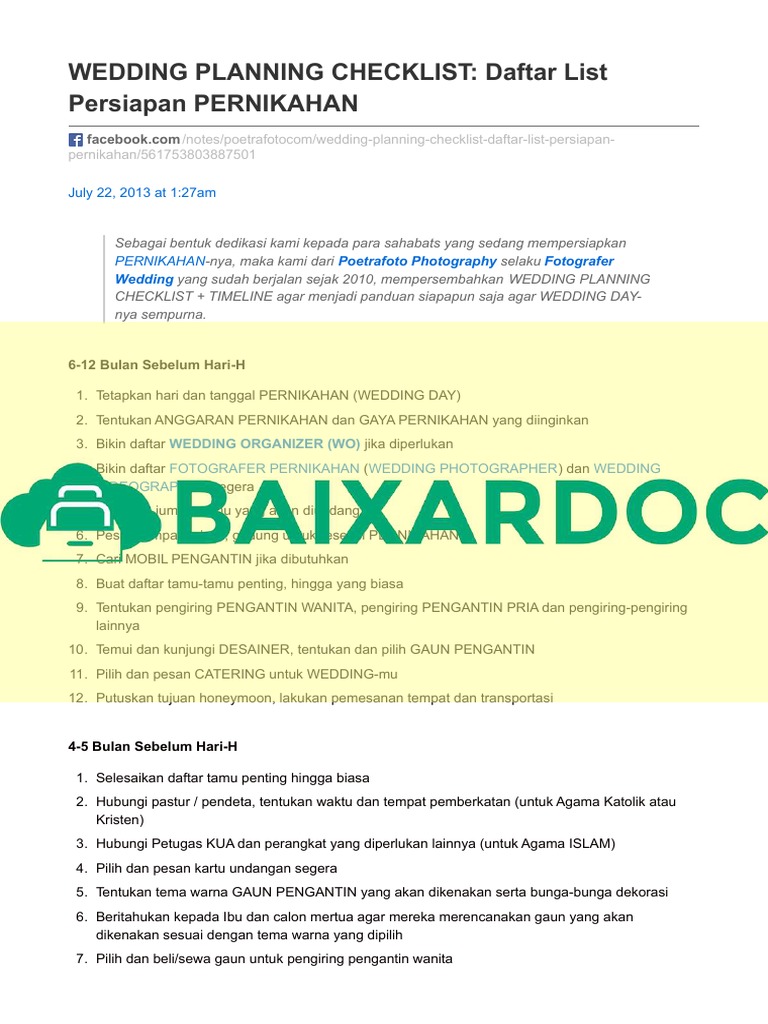 Wedding Planning Checklist Daftar List Persiapan Pernikahan | PDF