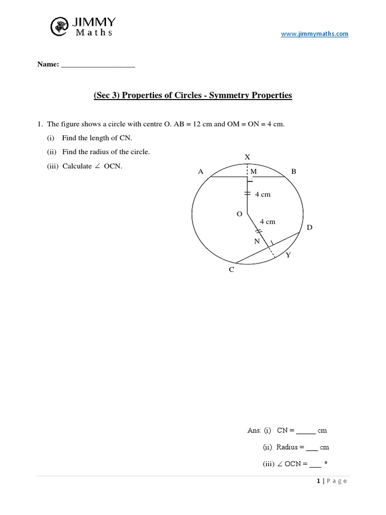 Sec 3 Properties of Circles Symmetry Properties Assignment | PDF