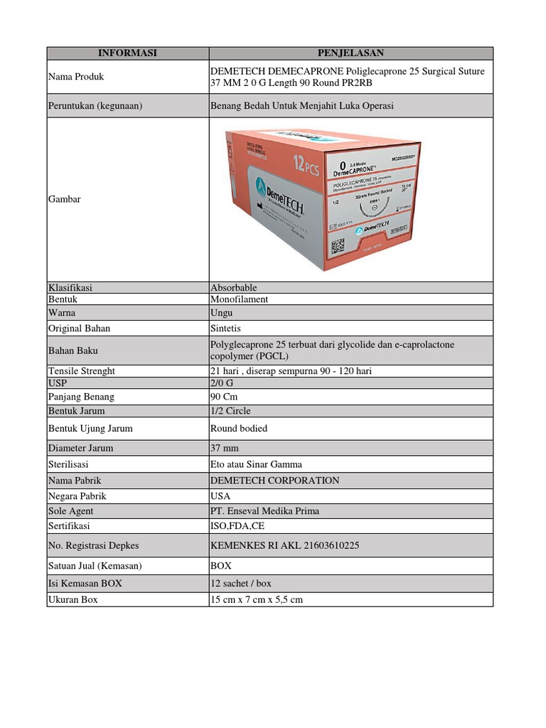 24 - Spesifikasi Demetech Demecaprone Polyglecaprone 25 Surgical Suture ...