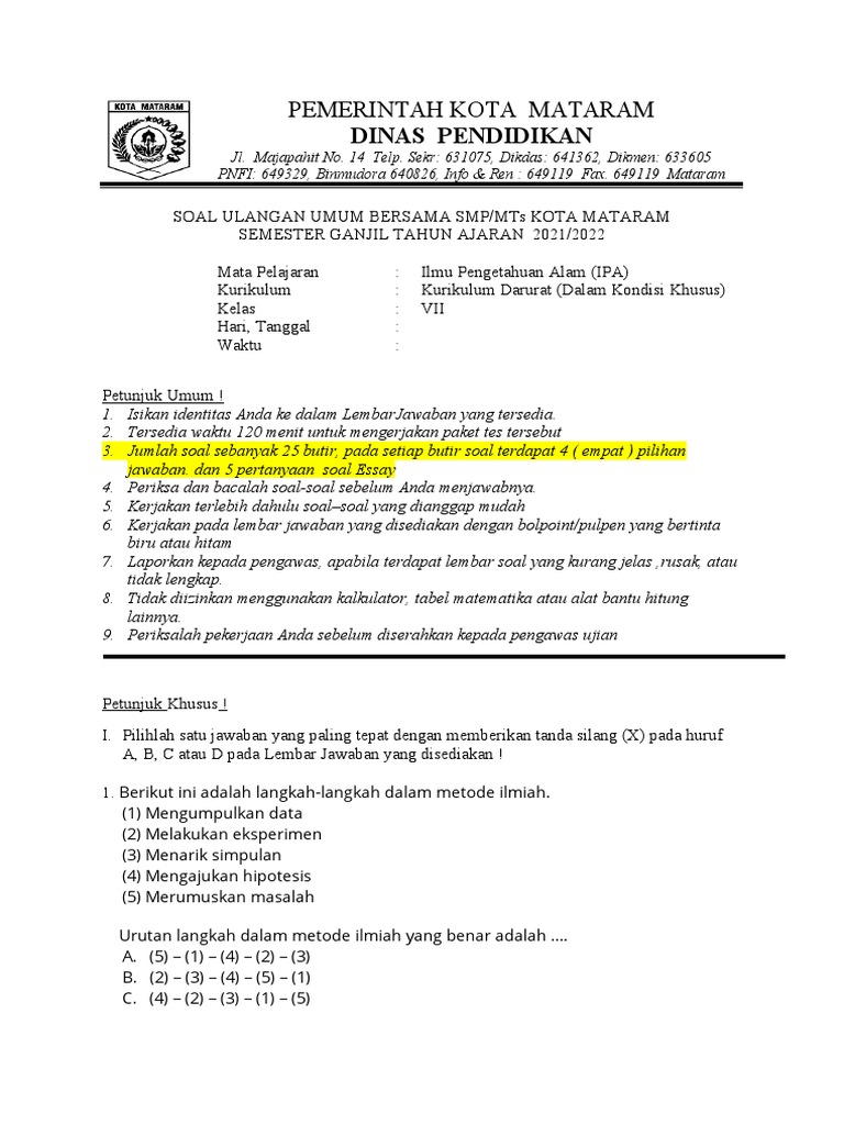 Naskah Soal UUB IPA Kelas VII K13 Ganjil 2021 | PDF Naskah Soal UUB IPA Kelas VII K13 Ganjil 2021 | PDF